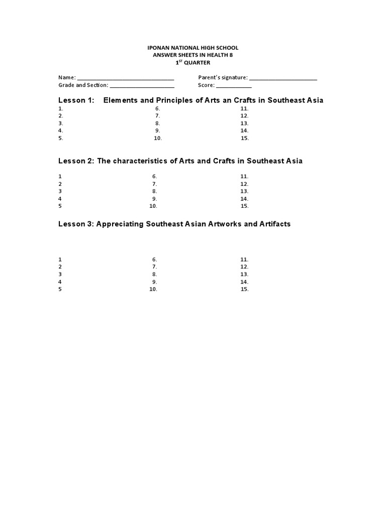 Arts Answer Sheet 1ST Quarter Edited | PDF | Rubric (Academic)