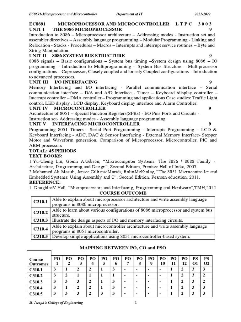EC8691-Microprocessor and Microcontroller Department of IT 2021-2022 | PDF | Microcontroller ...