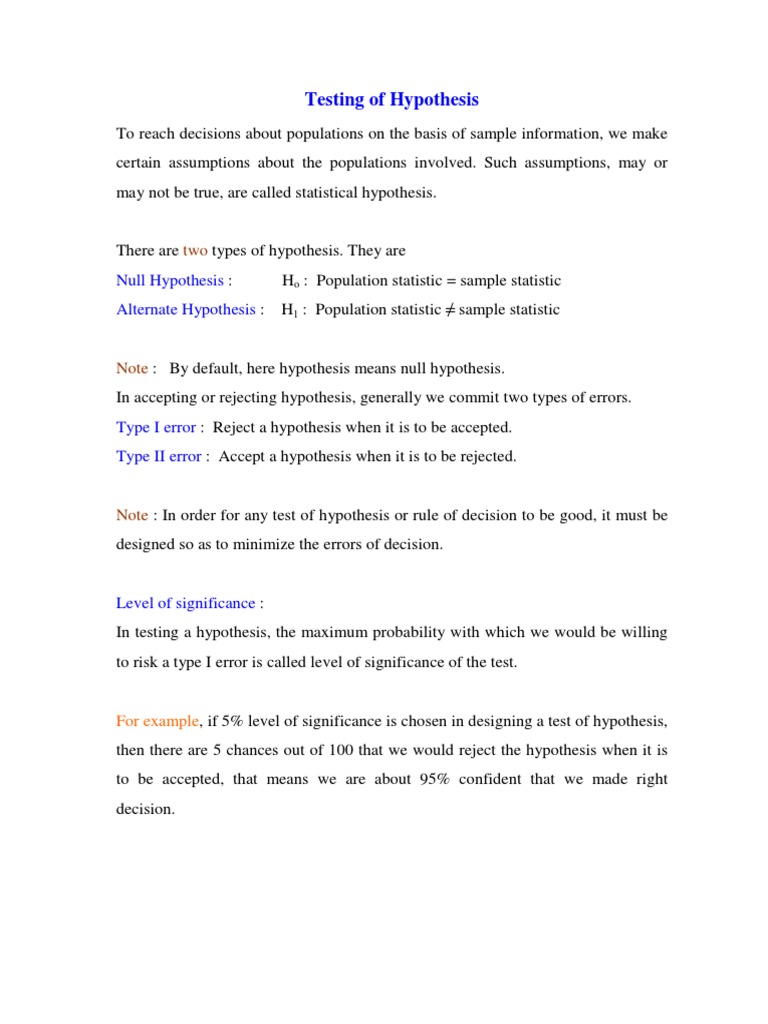 Testing of Hypothesis | PDF | Statistical Hypothesis Testing | Type I ...