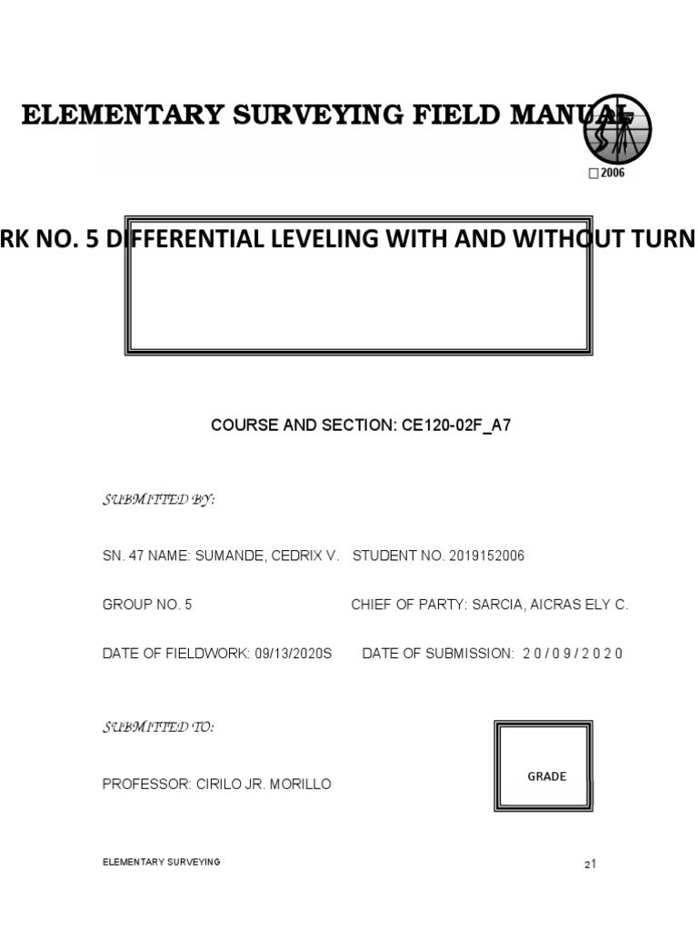 Sumande - Field Work No.5 - Differential Leveling With and Without Turning Points | PDF ...