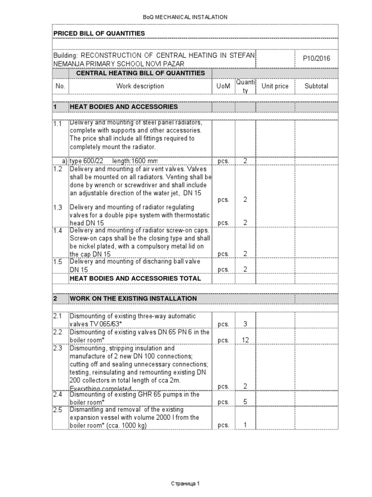 Priced Bill of Quantities: Boq Mechanical Instalation | PDF | Boiler ...