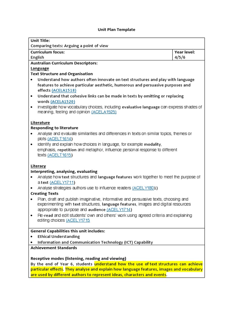 English Unit Plan | PDF | Vocabulary | Narration