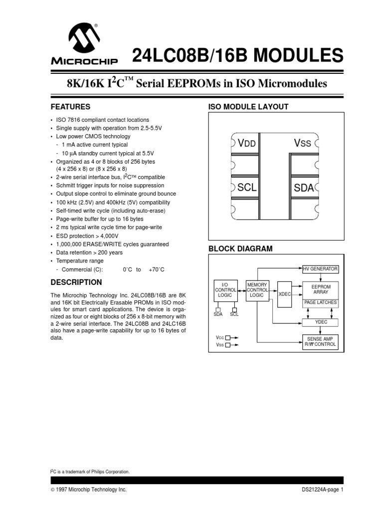 24Lc08B/16B Modules: 8K/16K I C Serial Eeproms in Iso Micromodules | PDF | Bit | Transmission ...