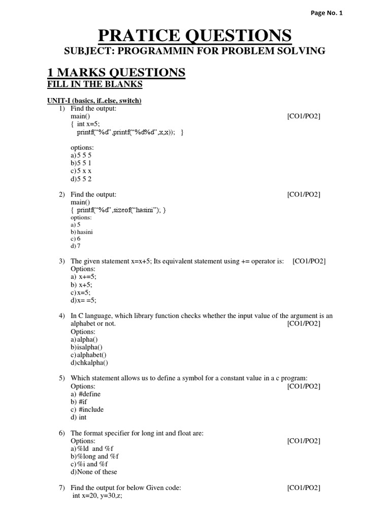 Pps Unit Wise Questions | PDF | Pointer (Computer Programming ... Pps Unit Wise Questions | PDF | Pointer (Computer Programming ...