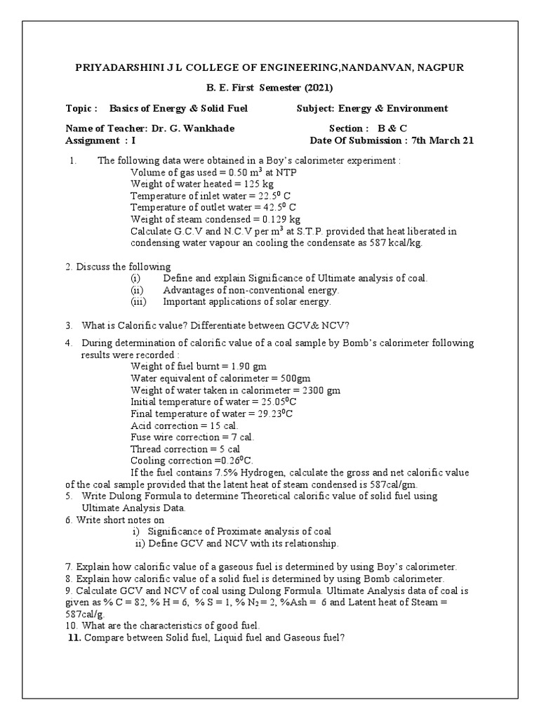 Energy & Environment Assignment I | PDF | Calorie | Fuels