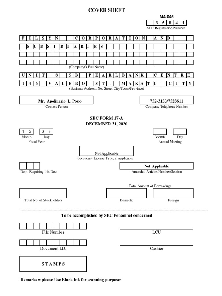 Sec Form 17-A Dec 2020 | PDF | Going Concern | Financial Statement