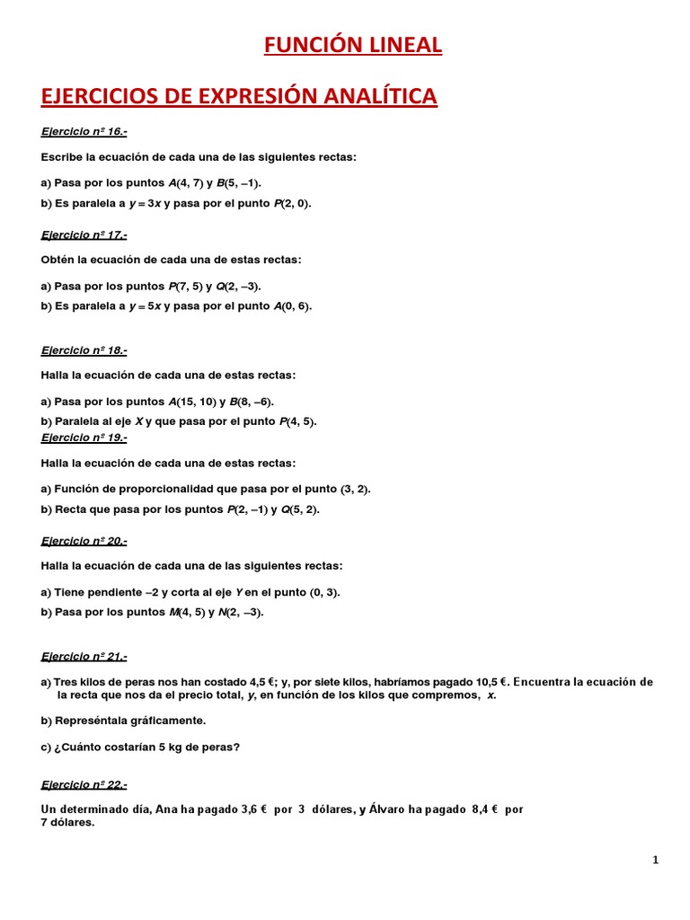 Ejercicios de Funcion Lineal | PDF | Ecuaciones | Pendiente