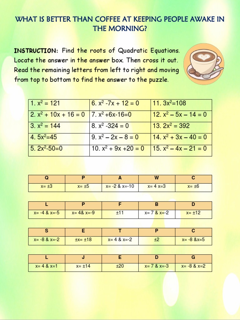 Solving Quadratic Equations Reveals the Word "COFFEE | PDF