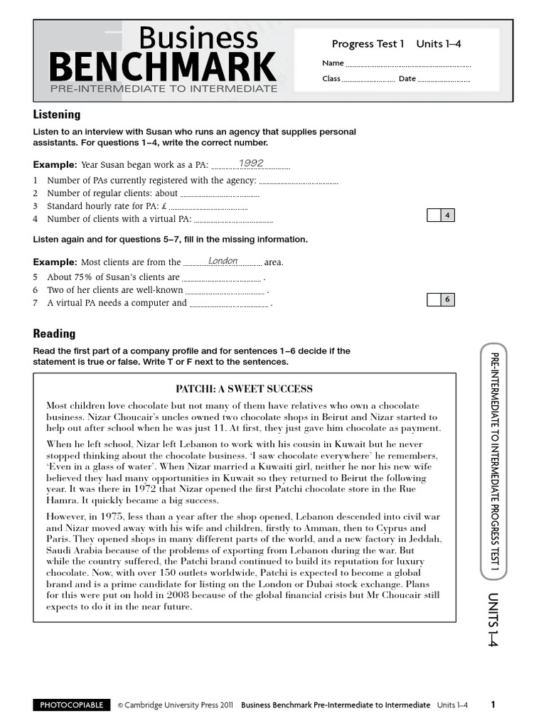 Business Benchmark Pre Intermediate Progress Test1 | PDF