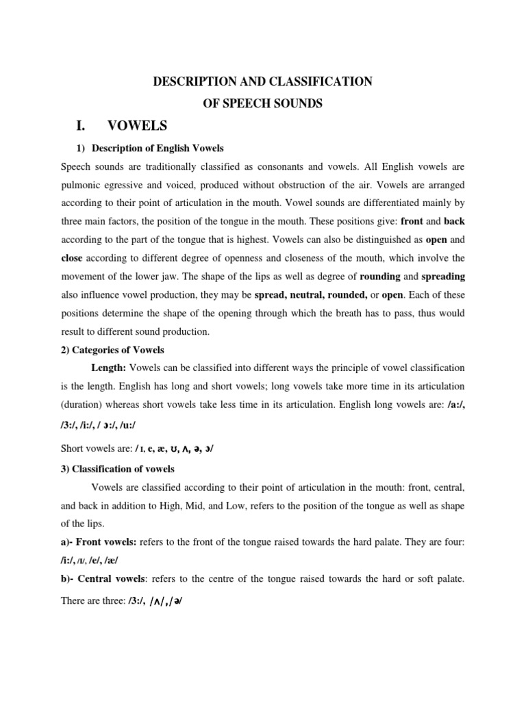 I. Vowels: Description and Classification of Speech Sounds | PDF | Phonetics | Vowel