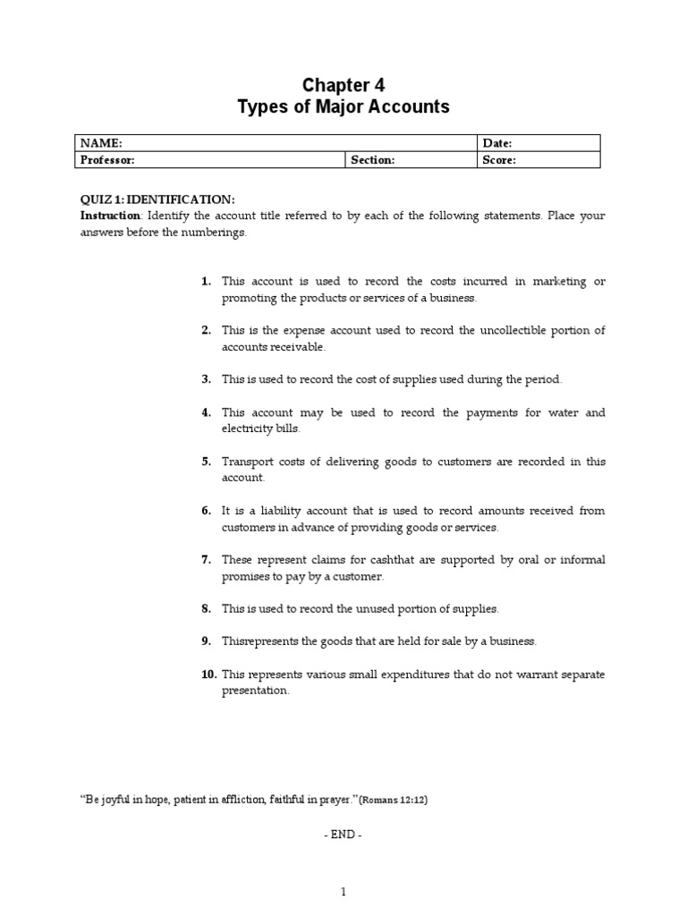 Quiz 4 Types of Major Accounts Without Answer | PDF | Expense | Bad Debt