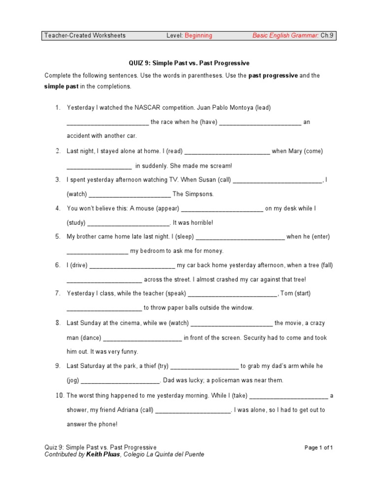 Simple Past vs. Past Progressive Quiz | PDF
