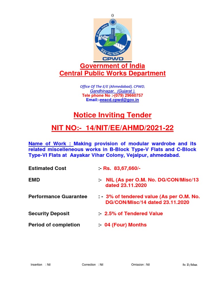 Notice Inviting Tender NIT NO:-14/NIT/EE/AHMD/2021-22: Government of India Central Public Works ...