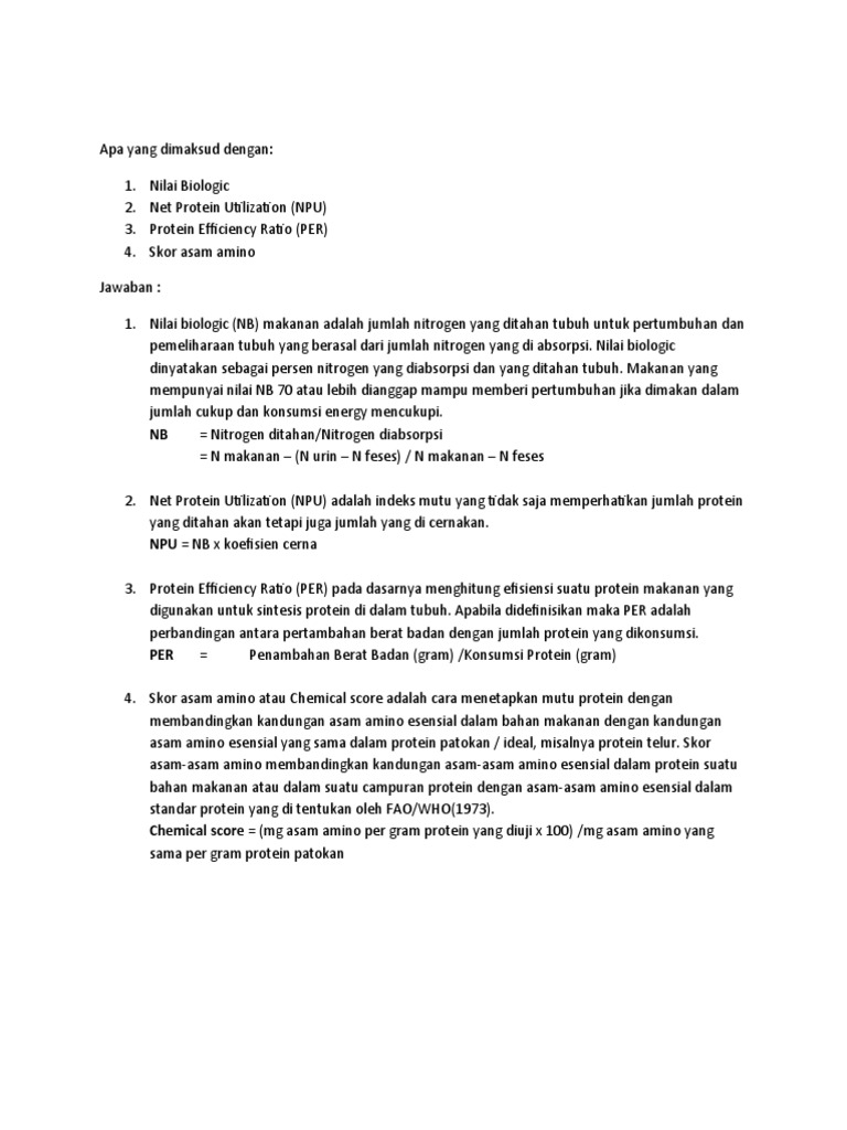 Pengertian Net Protein Utilization (NPU) | PDF
