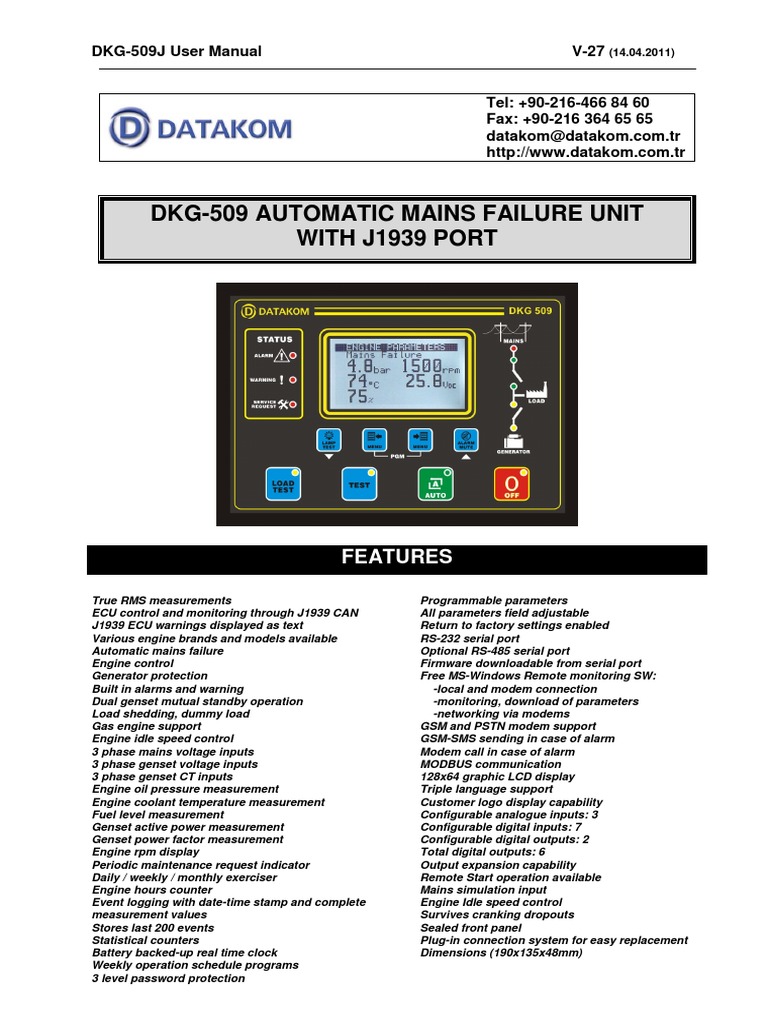 Dkg-509 Automatic Mains Failure Unit With J1939 Port: Features | PDF ...