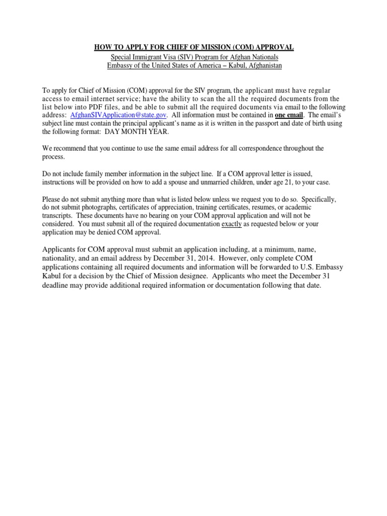 SIV Program COM Approval Guide | PDF | Travel Visa | Northern Alliance
