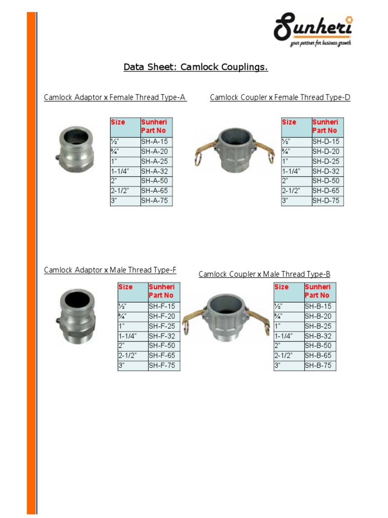Data Sheet: Camlock Couplings.: Camlock Adaptor X Female Thread Type-A ...