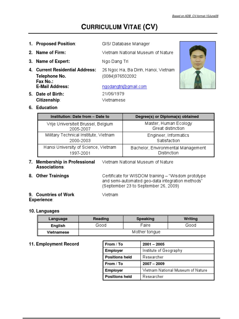 Ngo Dang Tri Adb Cv Format Individual 10june08 Geographic Information