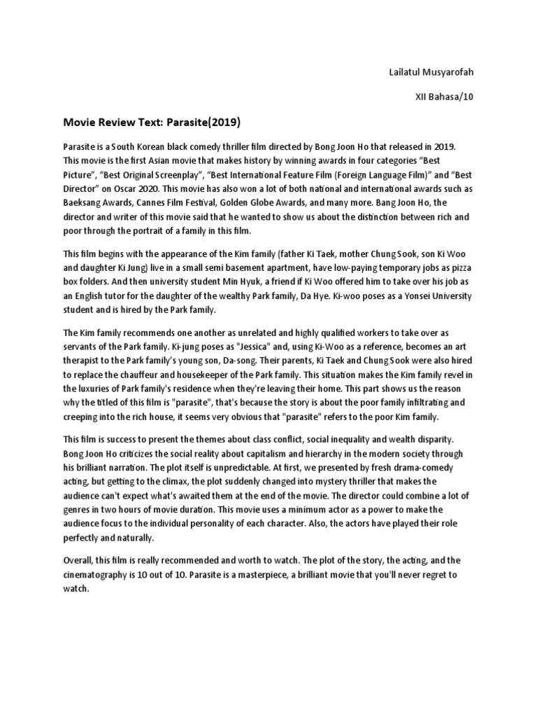 Parasite review highlights class conflict themes | PDF