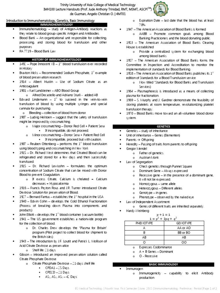 IMH100 1st Handout - Introduction To Immunohematology, Genetics, Basic ...