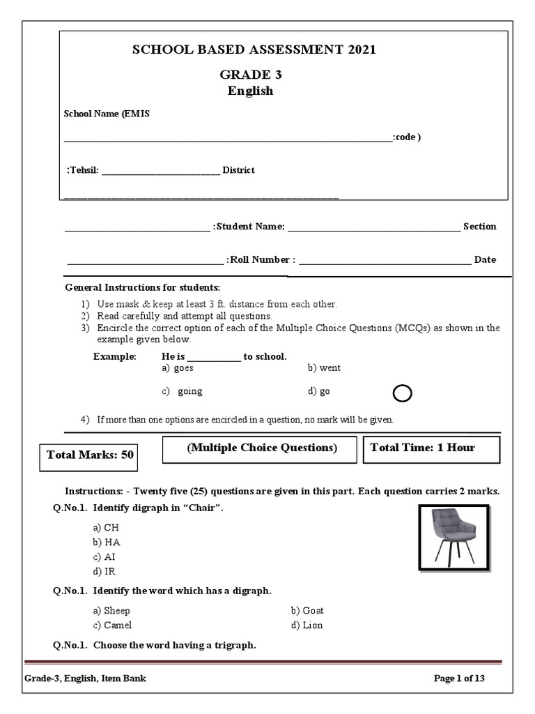 School Based Assessment 2021 Grade 3 English: (Multiple Choice ...