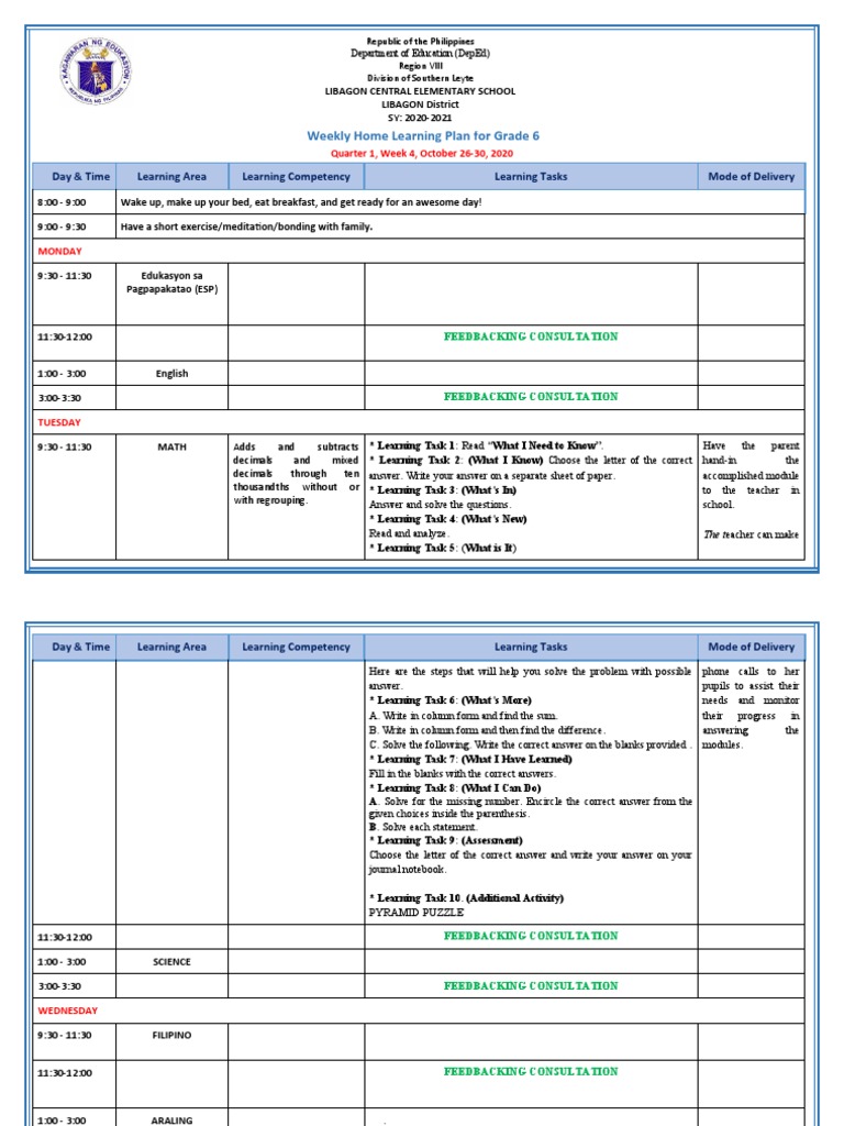 Weekly Home Learning Plan For Grade 6: Learning Area Learning ...