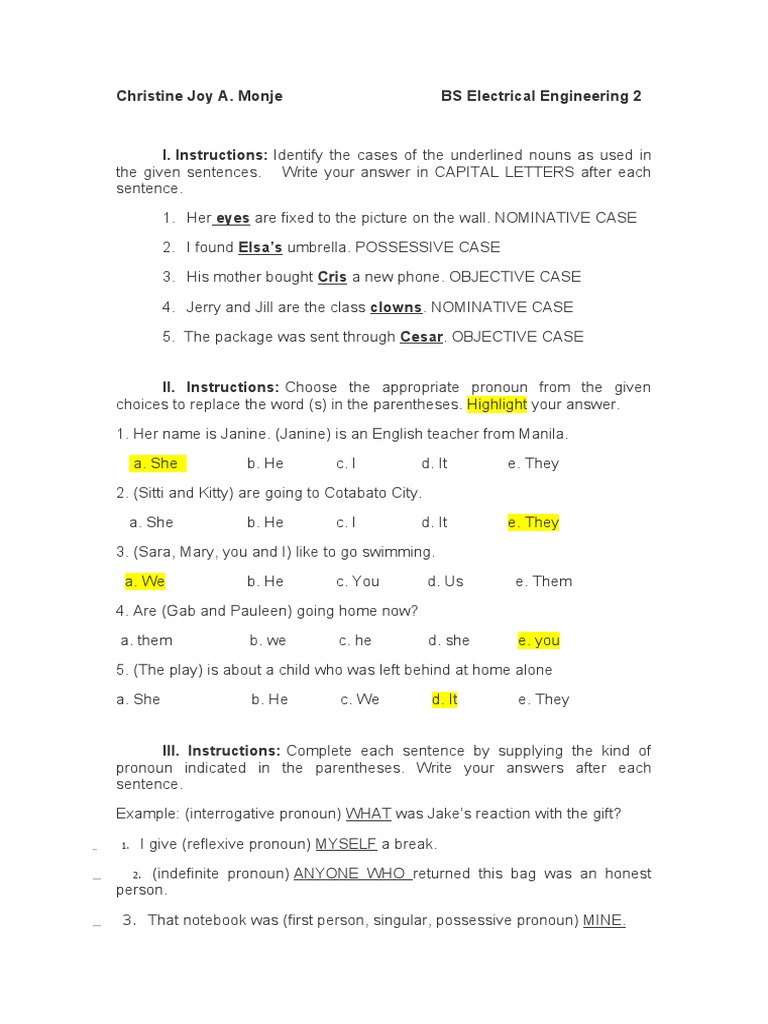 Noun and Pronoun Case Exercises | PDF