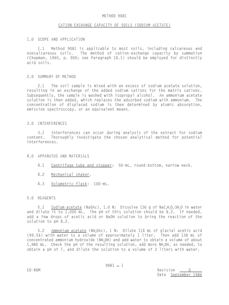 Epa 9081 Cation-Exchange Capacity of Soils (Sodium Acetate) | PDF ...