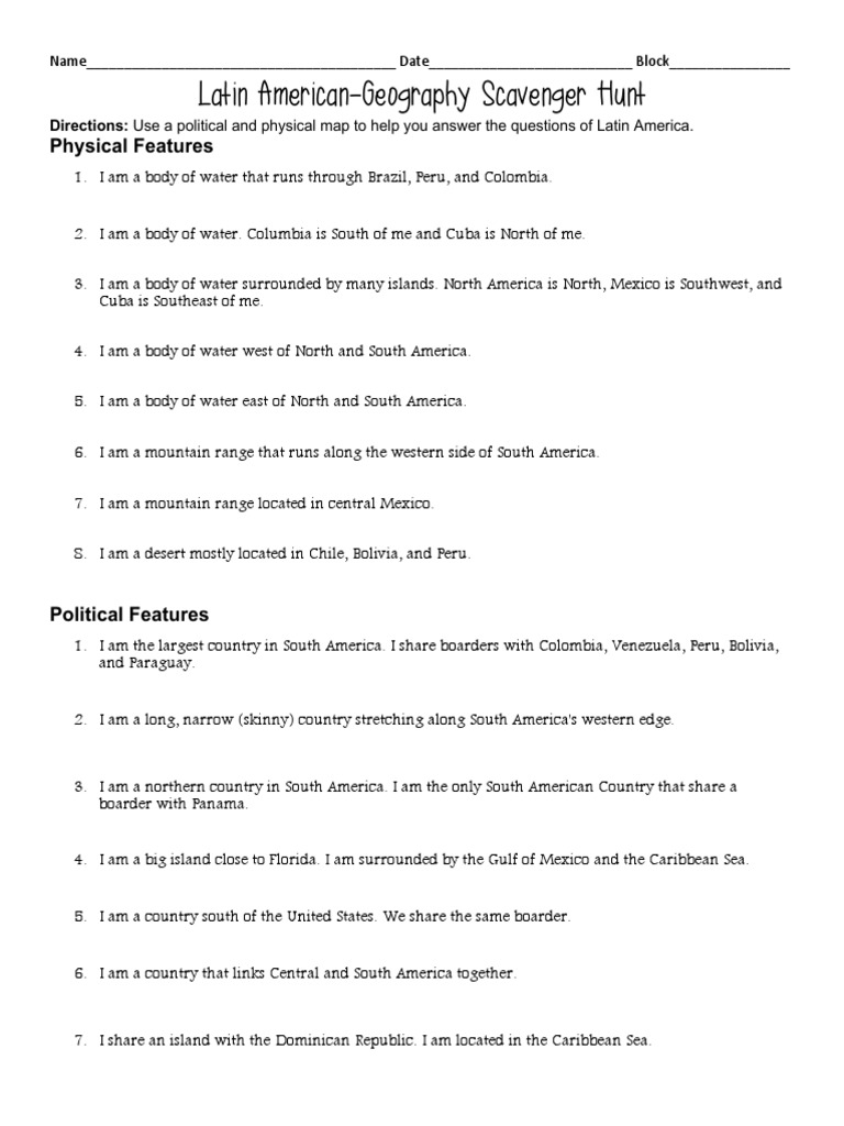 Latin America Map Scavenger Hunt | PDF | South America | Latin America