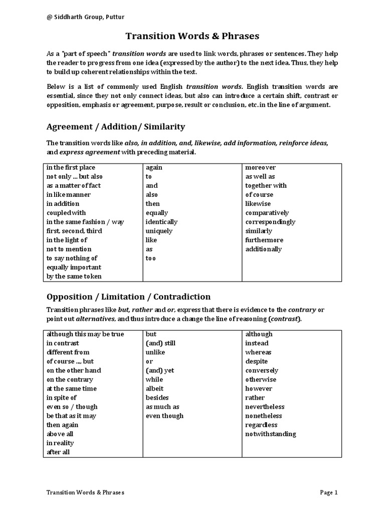 Transition Words Phrases | PDF | Idea | Phrase