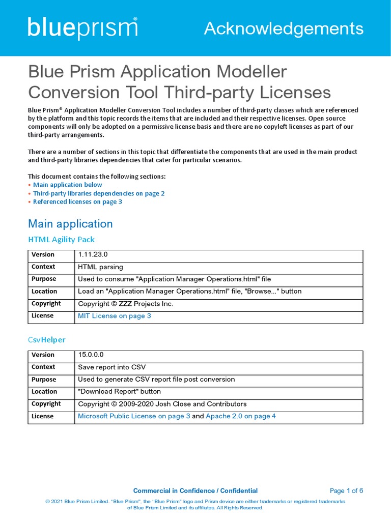 Blue Prism Application Modeller Conversion Tool Acknowledgements | PDF | License | Copyright