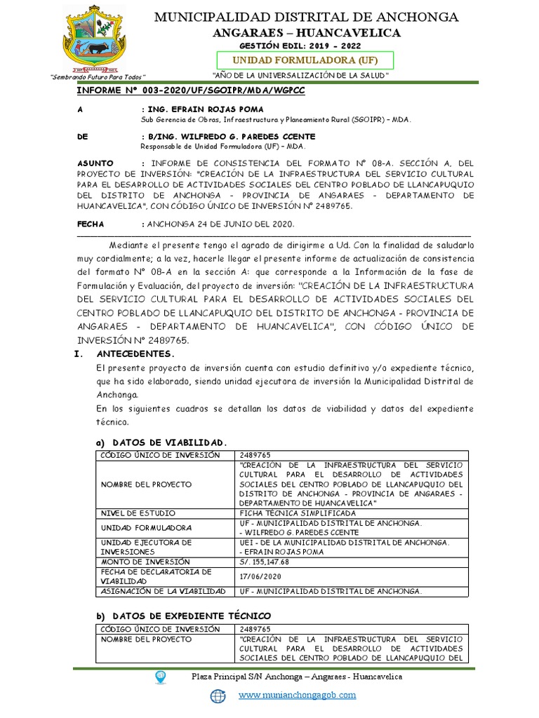 Informe de Consistencia del Proyecto Cultural | PDF | Economias