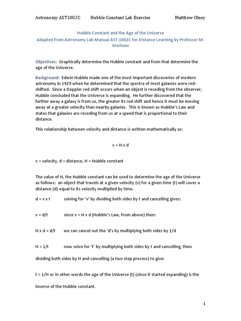 Hubble Constant and The Age of The Universe Adapted From Astronomy Lab ...