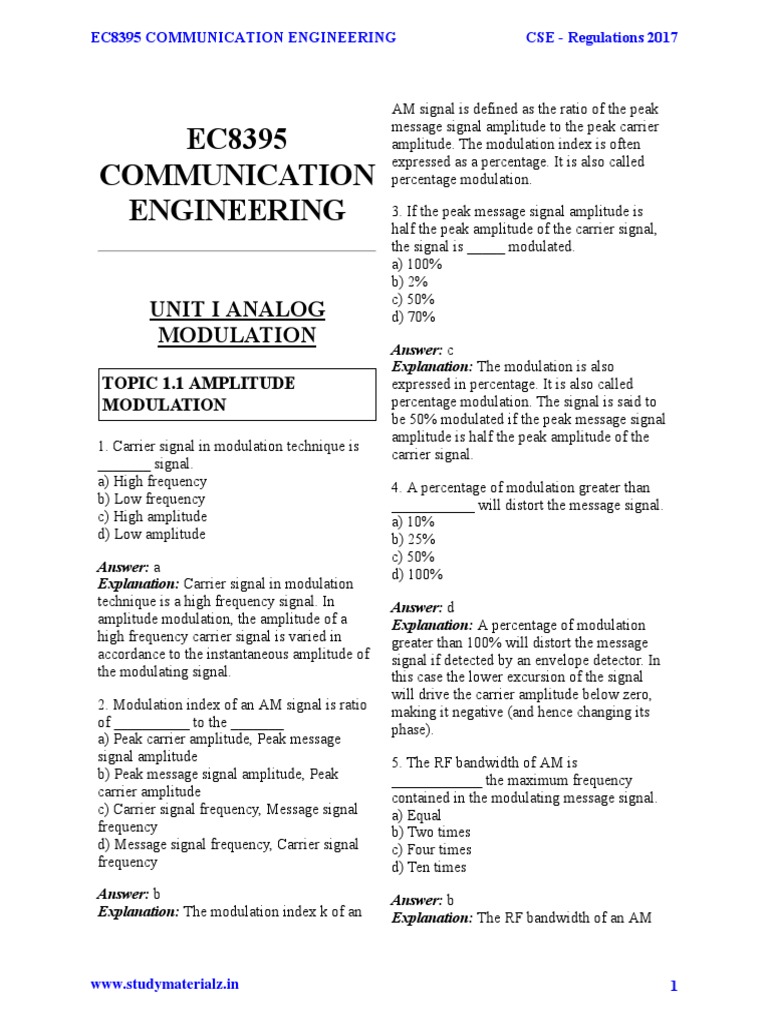 Ec83 MCQ 1 | PDF | Frequency Modulation | Detector (Radio)