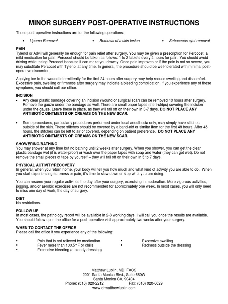 Minor Surgery Post-Operative Instructions: Lipoma Removal Removal of A ...