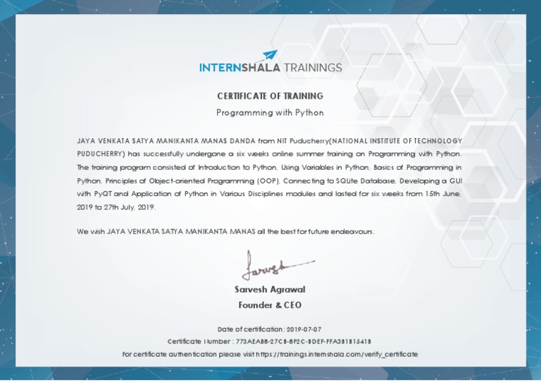 Programming With Python Training - Certificate of Completion | PDF