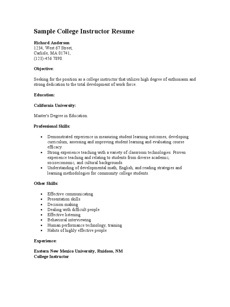 Sample College Instructor Resume | PDF | College | Curriculum