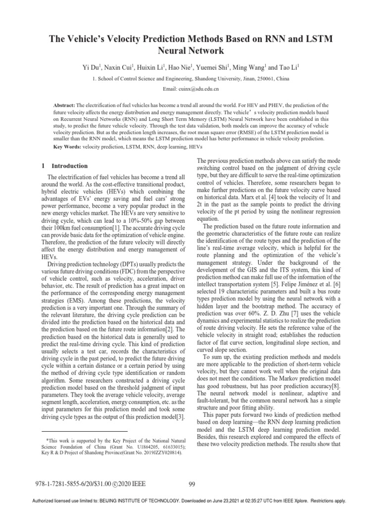 The Vehicle's Velocity Prediction Methods Based On RNN and LSTM Neural Network | Download Free ...