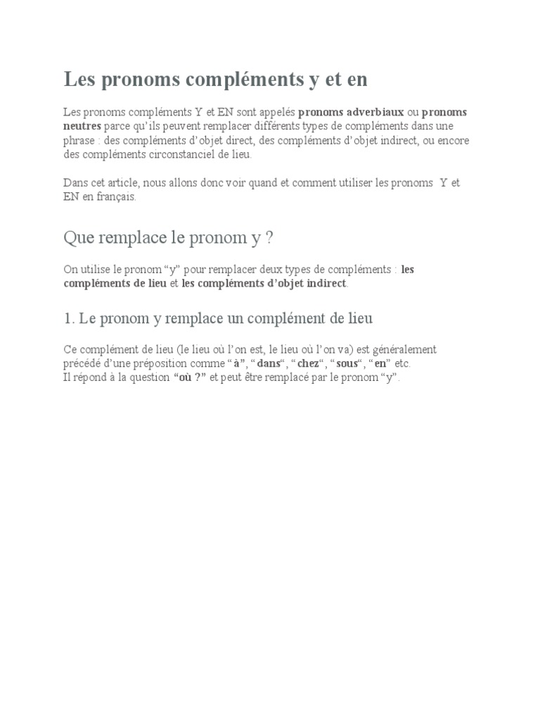 Utilisation des pronoms Y et EN | PDF | Pronom | Complément d'objet