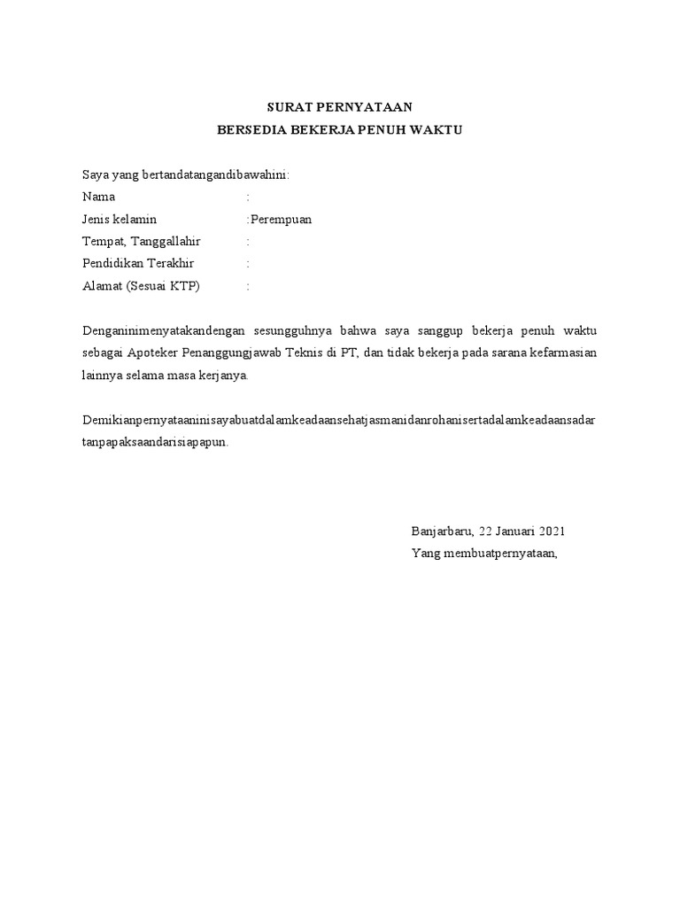 Surat Pernyataan Bekerja Penuh Dari Apt | PDF