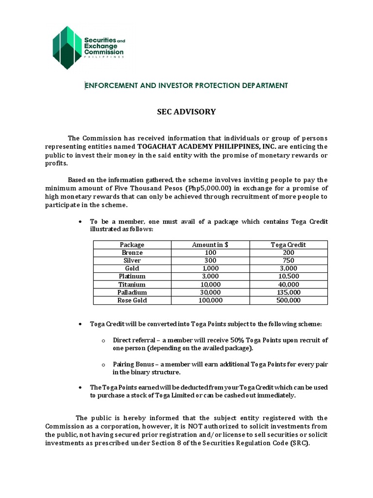 Sec Advisory: Enforcement and Investor Protection Department | Download ...