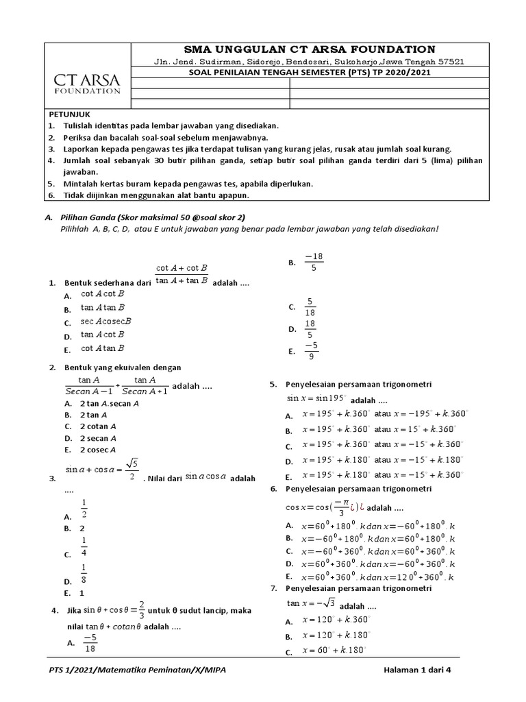 Soal PTS Mat Minat Kelas XI CTAF | PDF