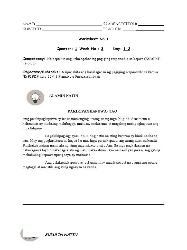 Esp 6 Worksheet | PDF