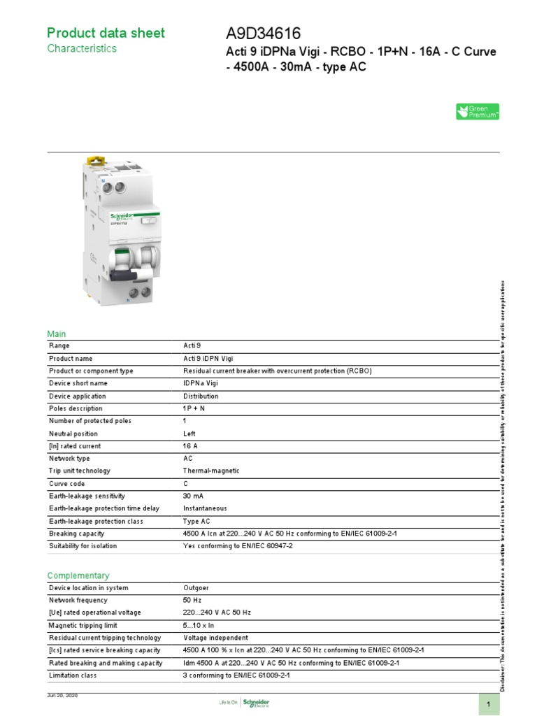 Product Data Sheet: Acti 9 Idpna Vigi - Rcbo - 1P+N - 16A - C Curve - 4500A - 30ma - Type Ac ...