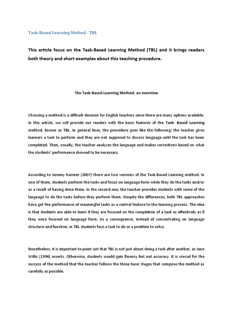 This Article Focus On The Task-Based Learning Method (TBL) and It ...