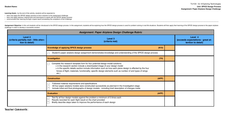 Tij1o0 Spice Assign Paper Airplane Single Point Rubric 2021-22 | PDF ...