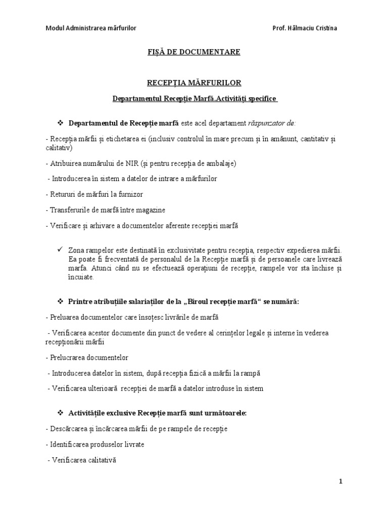 Administrarea Marfurilor Receptia Marfurilor Departamentul Receptie ...