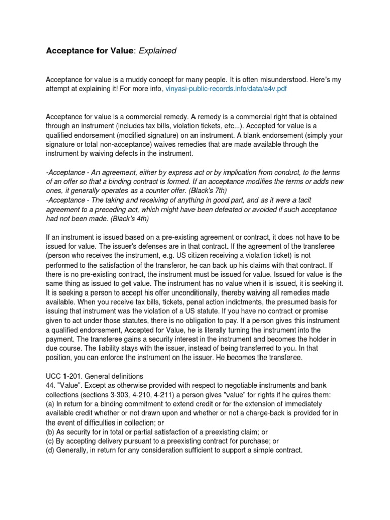 Acceptance For Value Summary PDF | PDF | Credit | Finance & Money ...