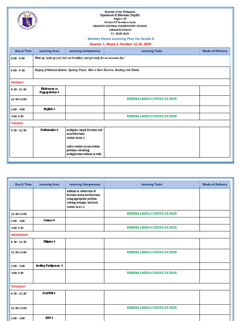 Weekly Home Learning Plan For Grade 6: Learning Area Learning ...