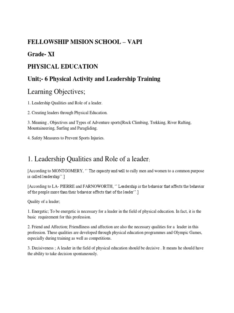 Grade-XI Unit-6 Physical Activity and Leadership Training | PDF ...